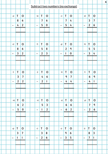 Column Subtraction Grid Paper Worksheets | Teaching Resources