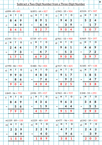 Column Subtraction Grid Paper Worksheets | Teaching Resources