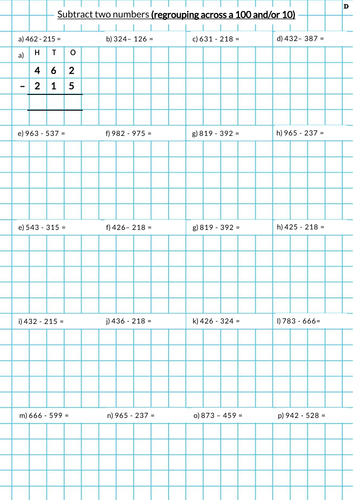 Column Subtraction Grid Paper Worksheets | Teaching Resources