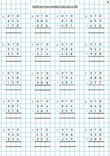 Column Subtraction Grid Paper Worksheets | Teaching Resources