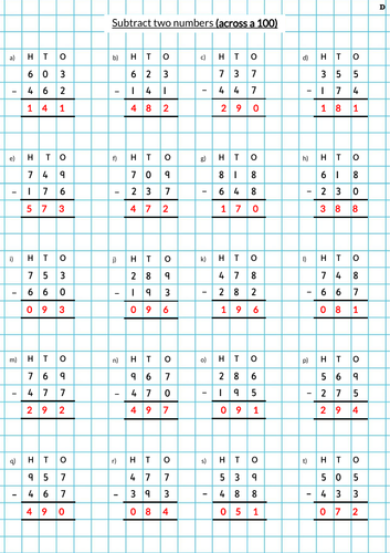 Column Subtraction Grid Paper Worksheets | Teaching Resources