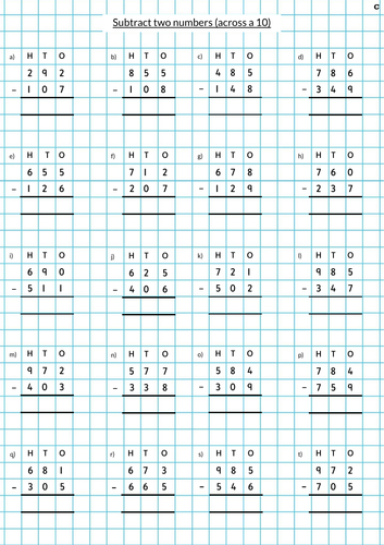 Column Subtraction Grid Paper Worksheets | Teaching Resources