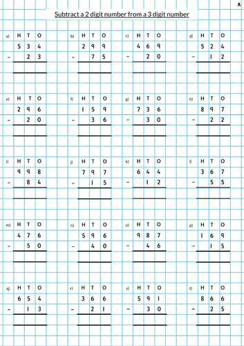 Column Subtraction Grid Paper Worksheets | Teaching Resources