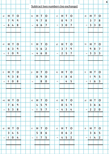 Column Subtraction Grid Paper Worksheets | Teaching Resources