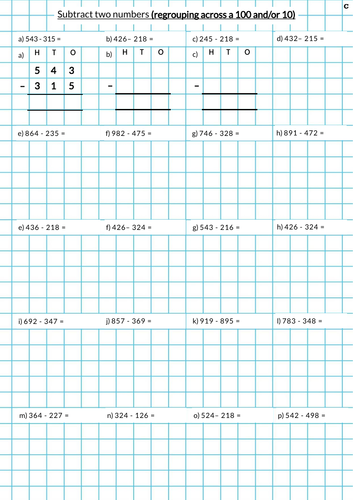 Column Subtraction Grid Paper Worksheets | Teaching Resources