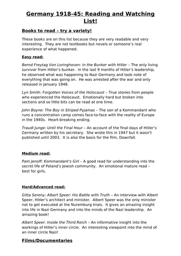 Germany 1918-45 Reading & Watching List | Teaching Resources