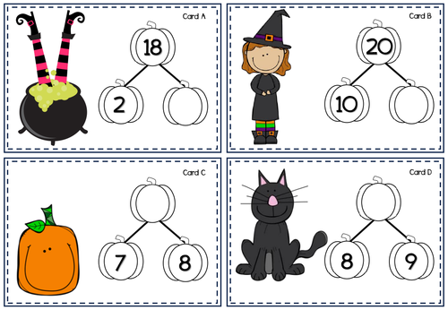 Halloween Maths Number Bond Task Cards 10-20 Center | Teaching Resources