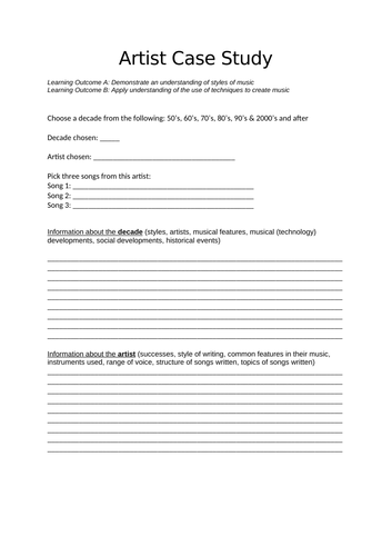 BTEC Music Practice C1 Artist Case Study Worksheet | Teaching Resources