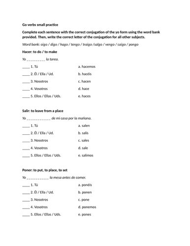 Go verbs small practice | Teaching Resources