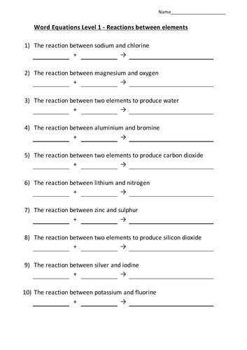 Word Equations Worksheet - Chemistry KS3 / GCSE | Teaching Resources