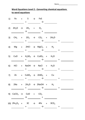 Word Equations Worksheet - Chemistry KS3 / GCSE | Teaching Resources