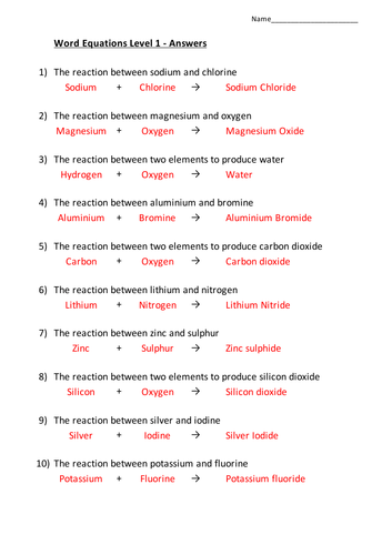 Word Equations Worksheet - Chemistry KS3 / GCSE | Teaching Resources