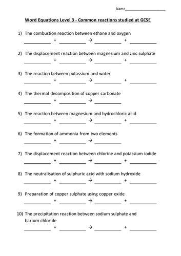 Word Equations Worksheet - Chemistry KS3 / GCSE | Teaching Resources
