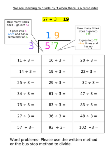 Division using the bus stop method 2-9 remainders and no remainders ...