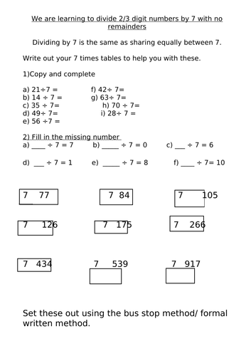 Division using the bus stop method 2-9 remainders and no remainders ...