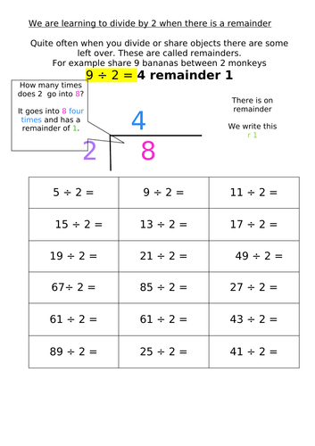 Division using the bus stop method 2-9 remainders and no remainders ...