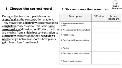 SEN/Low Ability GCSE Active Transport Worksheets with Answers ...