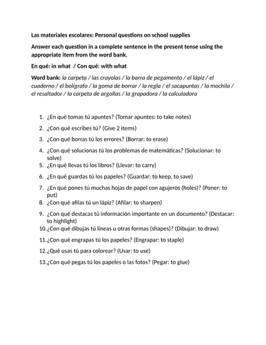 Las materiales escolares: Personal questions on school supplies ...