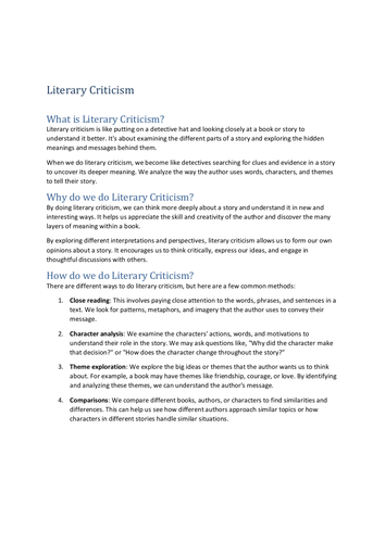 What is Literary Criticism? - Handout | Teaching Resources