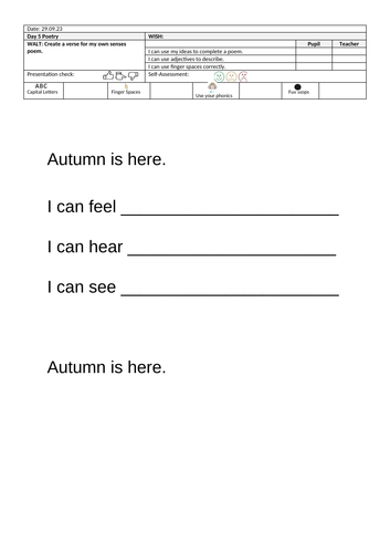 Autumn Senses Poem 1 Week Unit | Teaching Resources