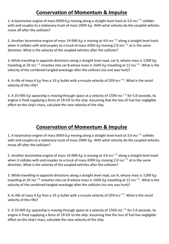 AQA Unit 4: Conservation of Momentum & Impulse Questions (A-Level) | Teaching Resources