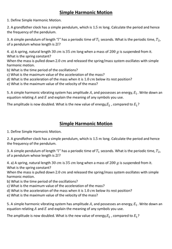 AQA Unit 7: Simple Harmonic Motion Questions (A-Level) | Teaching Resources