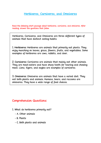Year 2/3 Reading Comprehension Passage about herbivores, carnivores and ...