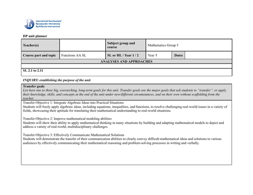 IB Maths AA SL Functions Unit plan | Teaching Resources