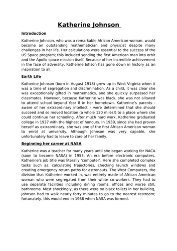 Y5/6 Biography - Katherine Johnson | Teaching Resources