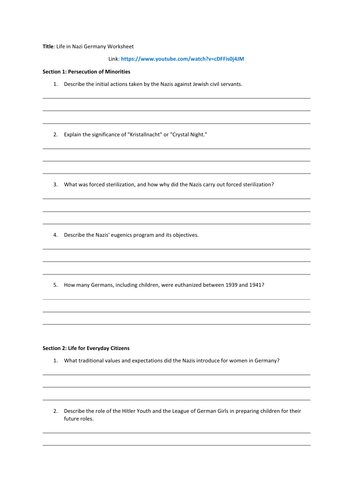 Life in Nazi Germany video worksheet | Teaching Resources
