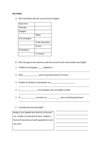 Où j'habite worksheet | Teaching Resources