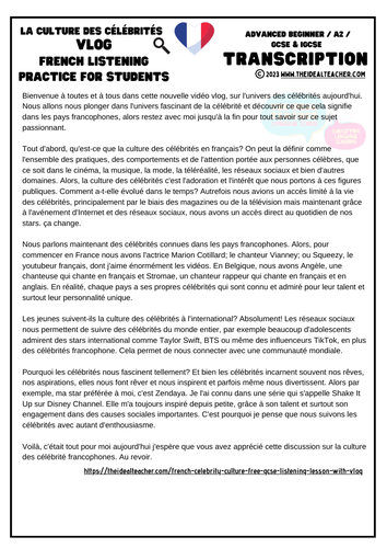 Celebrity Culture GCSE French Listening Activity | Teaching Resources