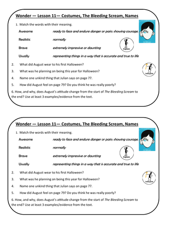 Wonder by R.J. Palacio whole class guided reading lessons 11-15 ...