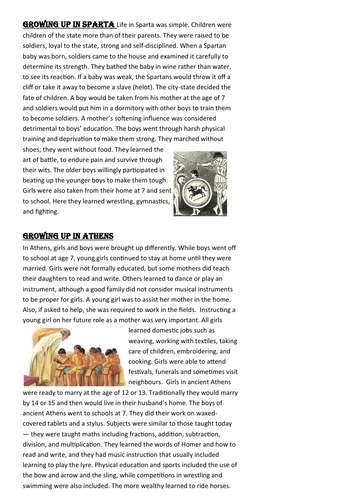 Ancient Greeks reading comprehension Children in Sparta and Athens ...