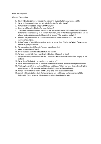 Pride and Prejudice Comprehension Questions Chapters 21-30 | Teaching ...