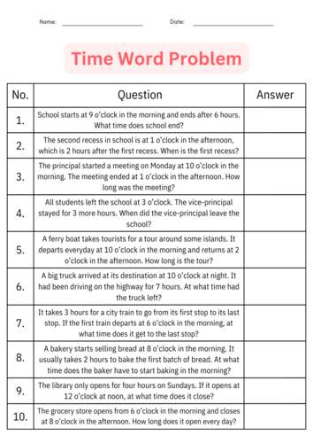 Printable Telling Time and Elapsed Time Word Problems Worksheets for ... Printable Telling Time and Elapsed Time Word Problems Worksheets for ...