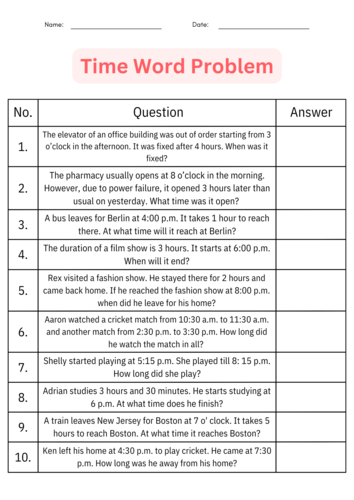 Printable Telling Time and Elapsed Time Word Problems Worksheets for ...