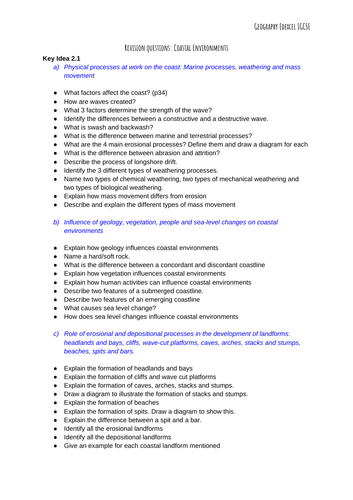 Coastal Environments Revision Questions Edexcel IGCSE | Teaching Resources