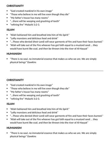 AFTERLIFE. CHRISTIANITY, ISLAM, HUMANISM | Teaching Resources