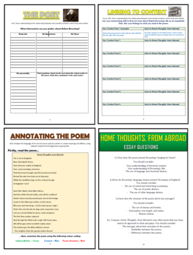 Home Thoughts, from Abroad - Comprehension Activities Booklet ...