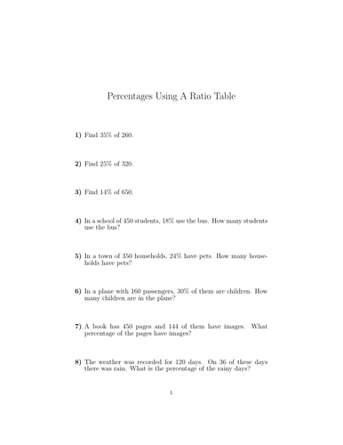 Percentages Using A Ratio Table worksheet (with solutions) | Teaching ...