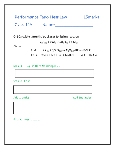Hess Law -Smart WS/ Task Energetics -15 Marks IBDP / AS Level / Edexcel ...