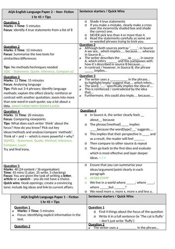 aqa gcse language knowledge organiser question by question | Teaching ...