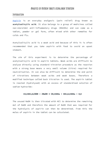 Back Titration Of Aspirin Lesson Pack Teaching Resources