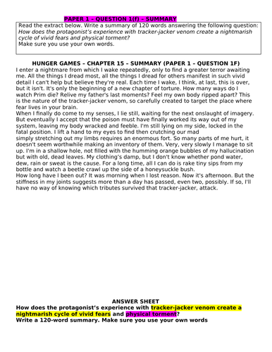 Hunger Games iGCSE English 2020 style summary question 1(f) worksheet ...