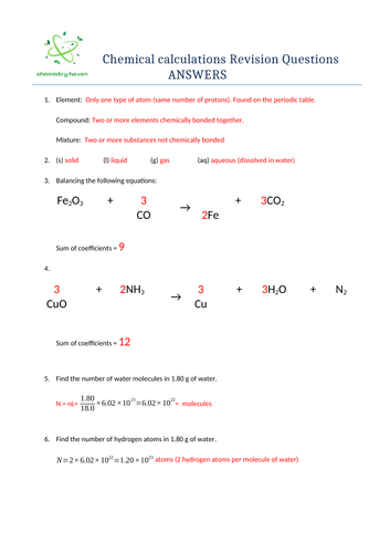 A level and IB Chemical Calculations revision | Teaching Resources