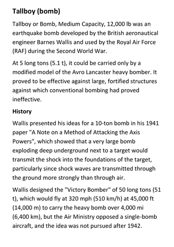 Tallboy (bomb) Handout | Teaching Resources