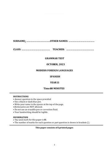 ALL TENSES SPANISH GRAMMAR TEST | Teaching Resources