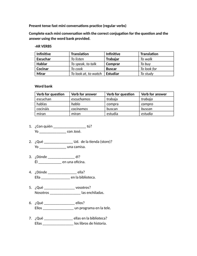 Present tense fast mini conversations practice (regular verbs ...