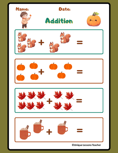 Autumn fall Addition Worksheets for Kindergarten | Teaching Resources